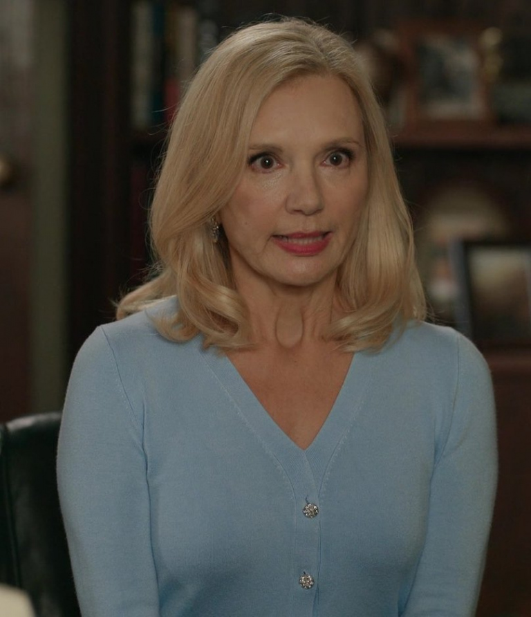 Blue V-Neck Cardigan of Teryl Rothery as Muriel St. Claire in Virgin ...