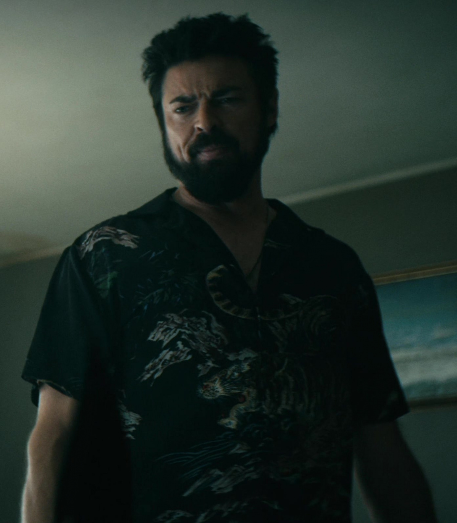 Tiger Print Black Hawaiian Shirt of Karl Urban as Billy Butcher in The Boys Tiger Print Black Hawaiian Shirt of Karl Urban as Billy Butcher in The Boys