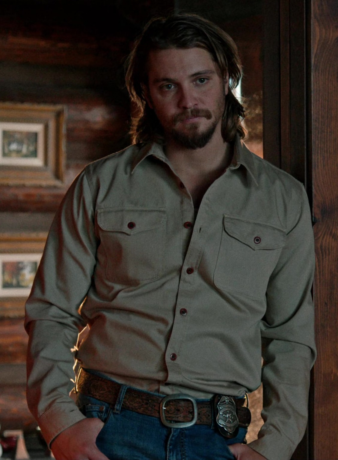 Rugged Olive Green Work Shirt with Dual Chest Pockets of Luke Grimes as ...